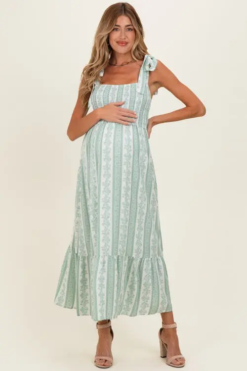 PINKBLUSH Floral Stripe Smocked Shoulder Tie Midi Dress - Light Olive