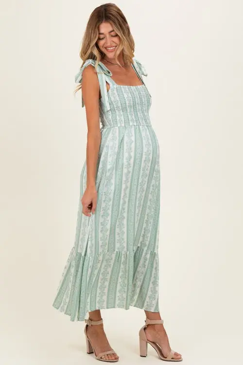 PINKBLUSH Floral Stripe Smocked Shoulder Tie Midi Dress