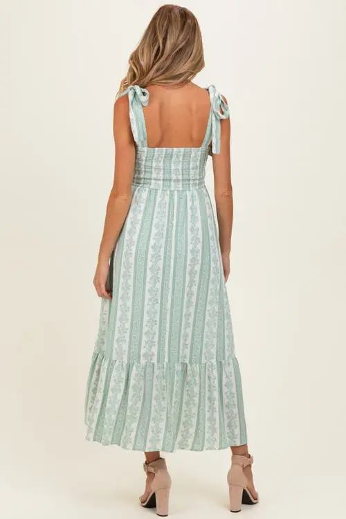 PINKBLUSH Floral Stripe Smocked Shoulder Tie Midi Dress