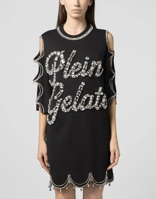 Philipp Plein Mini T-shirt Dress Crystal Waves - Black