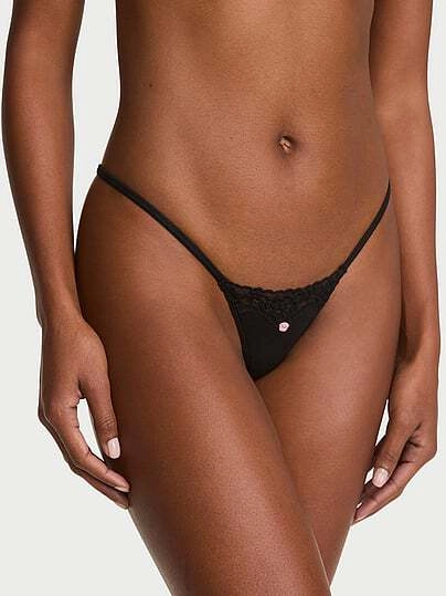 Victoria's Secret Lace Trim Cotton Shadow Stripe Itsy String Thong Panty - Black