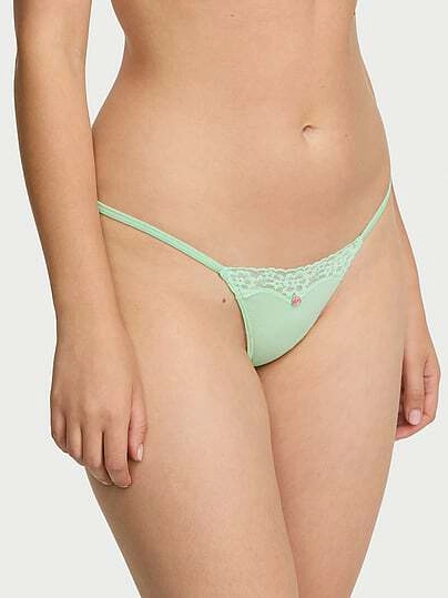 Victoria's Secret Lace Trim Cotton Lace-trim Itsy V-string Panty - Green