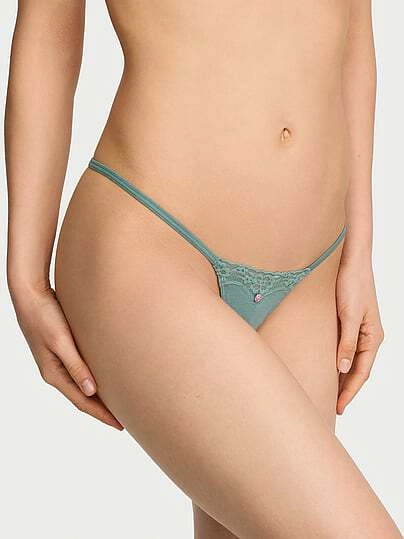 Victoria's Secret Lace Trim Cotton Lace-trim Itsy V-string Panty - Green