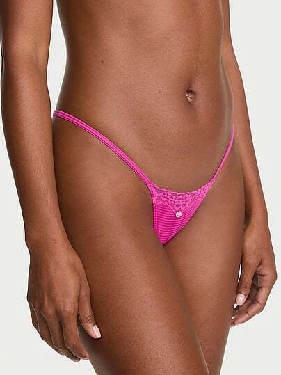 Victoria's Secret Lace Trim Cotton Lace-trim Itsy V-string Panty - Pink