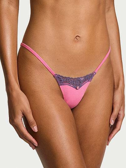 Victoria's Secret Lace Trim Cotton Lace-trim Itsy V-string Panty - Pink
