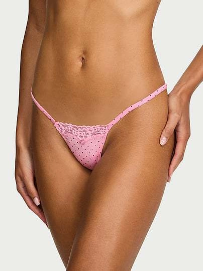 Victoria's Secret Lace Trim Cotton Lace-trim Itsy V-string Panty - Print