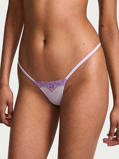 Victoria's Secret Lace Trim Cotton Lace-trim Itsy V-string Panty - Purple