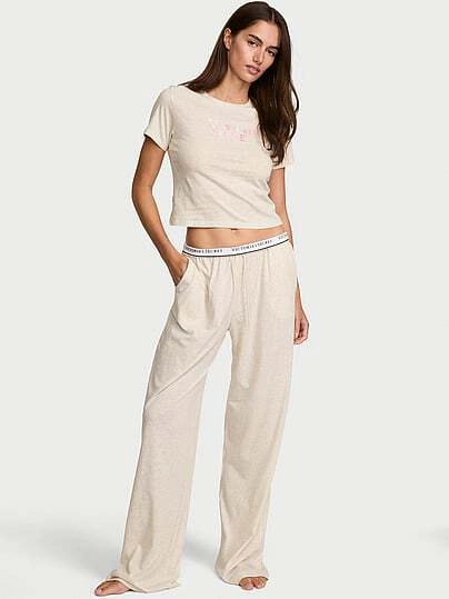 Victoria's Secret 100% Cotton Tee Long Pajama Set - Beige
