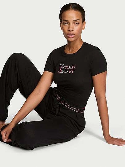 Victoria's Secret 100% Cotton Tee Long Pajama Set - Black