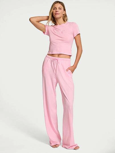 Victoria's Secret 100% Cotton Tee Long Pajama Set - Pink