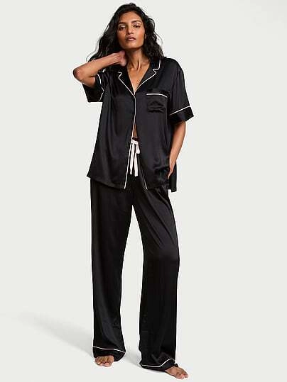 Victoria's Secret Signature Satin Short-sleeve Long Pajama Set - Black