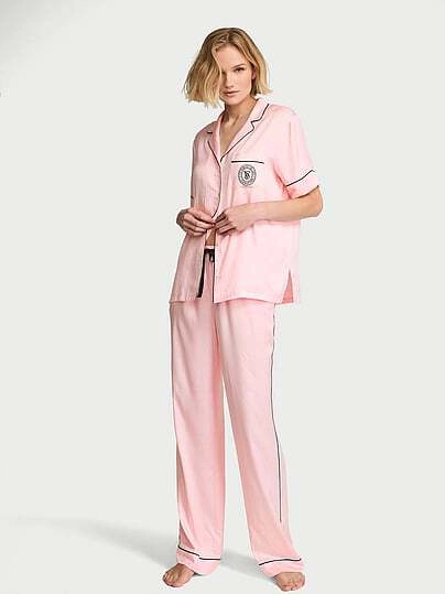 Victoria's Secret Signature Satin Short-sleeve Long Pajama Set - Pink
