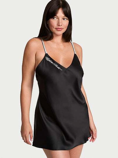 Victoria's Secret Very Sexy Shine Script Satin Mini Slip Dress - Black