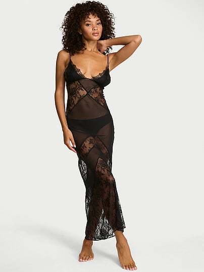 Victoria's Secret Very Sexy Chiffon & Rose Lace Maxi Slip Dress - Black