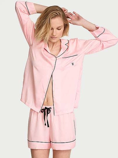 Victoria's Secret Signature Satin Long-sleeve Short Pajama Set - Pink