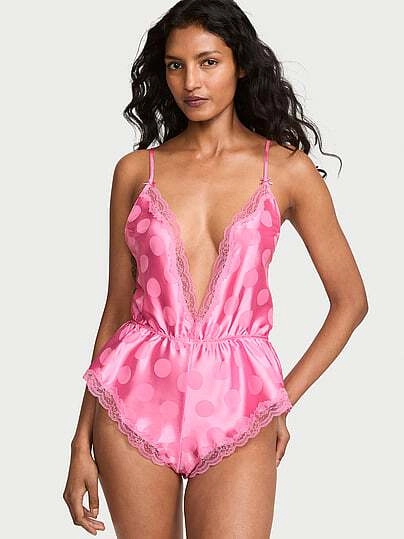 Victoria's Secret Tease Dot Satin Lace-trimmed Plunge Romper - Pink