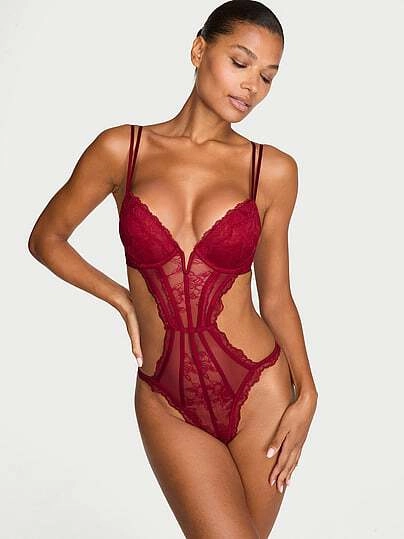 Victoria's Secret Very Sexy Push-up Lace Teddy With Cut-out Details - Red