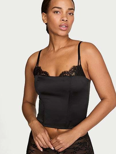 Victoria's Secret Dream Angels Satin Lace-trim Corset Top - Black