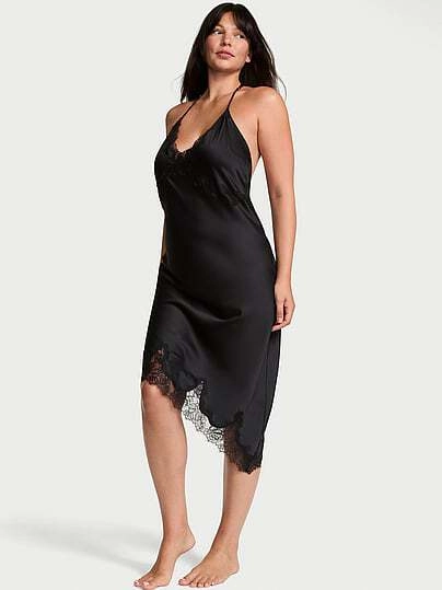 Victoria's Secret Very Sexy Satin Rose Lace-trim Asymmetric Slip Dress - Black