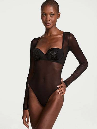 Victoria's Secret Tease Spider Embroidery Push-up Long-sleeve Bodysuit - Black