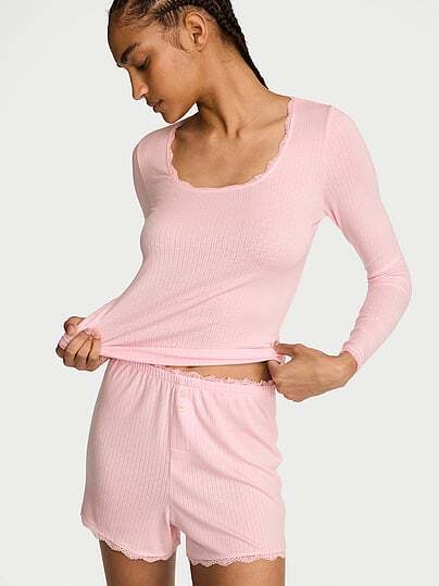 Victoria's Secret Pointelle Rib Long-sleeve Tee & Short Set - Pink