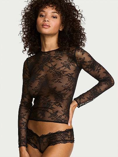 Victoria's Secret Very Sexy Rose Lace Long-sleeve Tee - Black