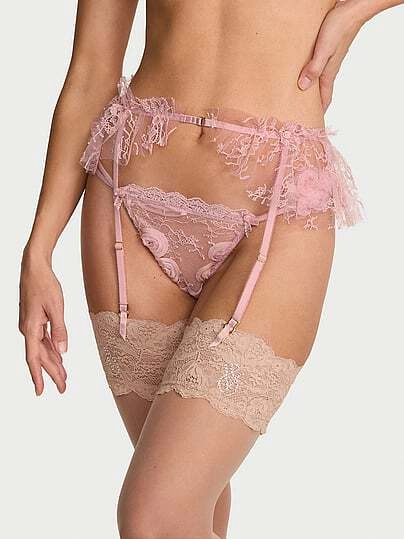 Victoria's Secret Dream Angels Rosette Reverie Embroidery Flutter Garter Belt - Pink