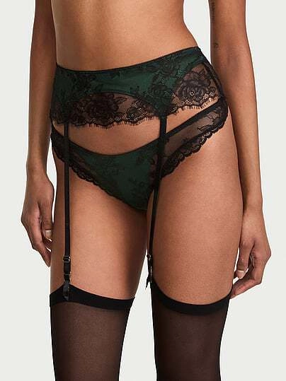 Victoria's Secret Very Sexy Rose Lace Overlay Garter Belt - Green