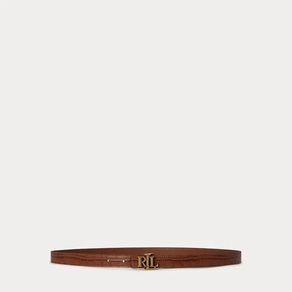 Ralph Lauren Logo Reversible Embossed Skinny Belt - Lauren Tan