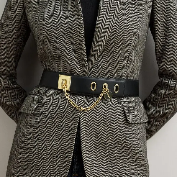 Ralph Lauren Leather Chain Padlock Wide Belt - Black