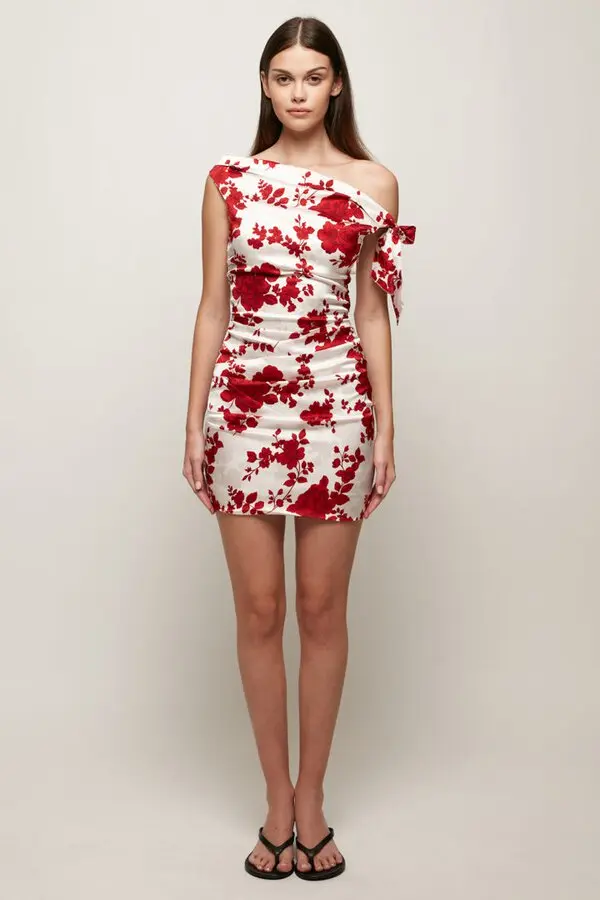 SWF Ruched One-shoulder Mini Dress With Tie Detail - Red Veil