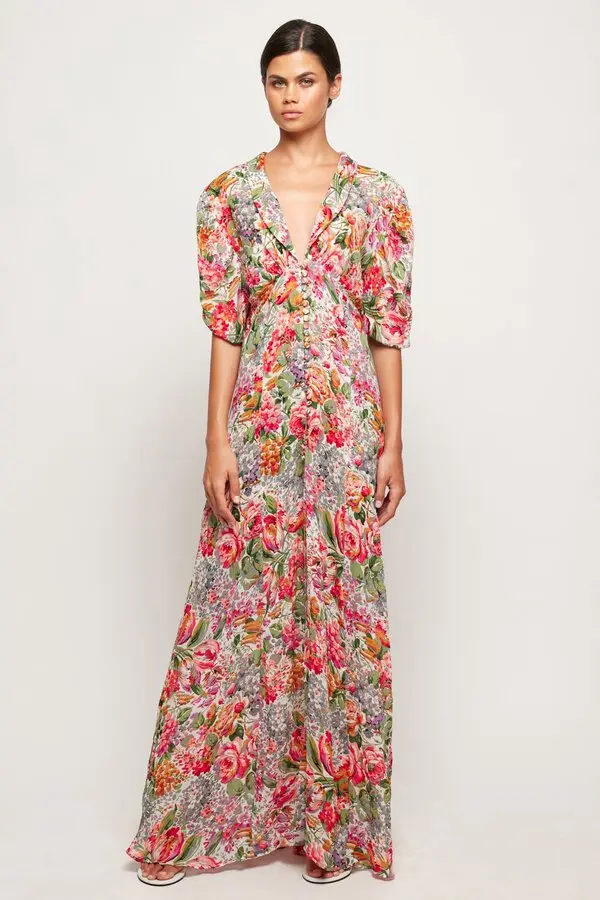 S/W/F BOUTIQUE - INTERNATIONAL Sheer Button Front Maxi - Golden Bloom