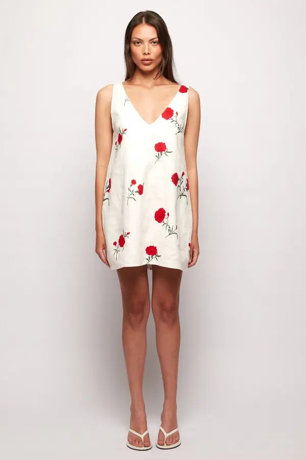 SWF Linen V-neck Embroidered Shift Dress