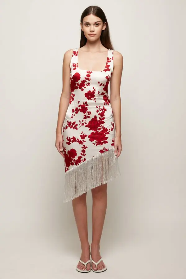 S/W/F BOUTIQUE - INTERNATIONAL Fringe Hem Dress - Red Veil