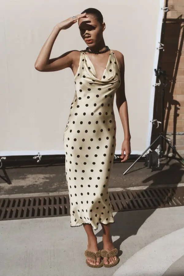 SWF Bias-cut Cowl Midi Dress With Polka Dots