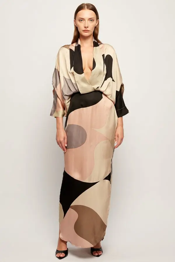 SWF Printed Maxi Dress With Blouson Sleeves