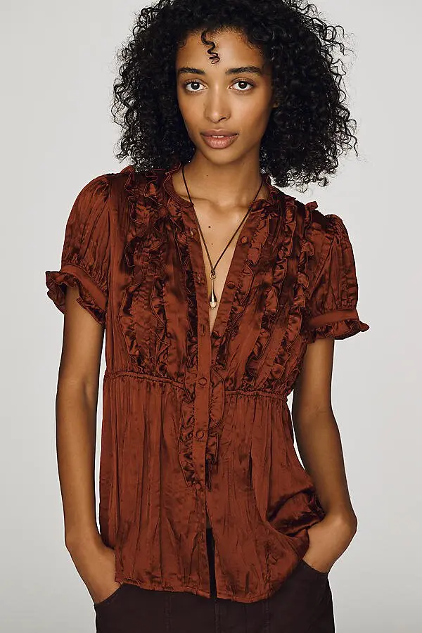 Anthropologie Short-sleeve Ruffle Blouse - Smoked Paprika