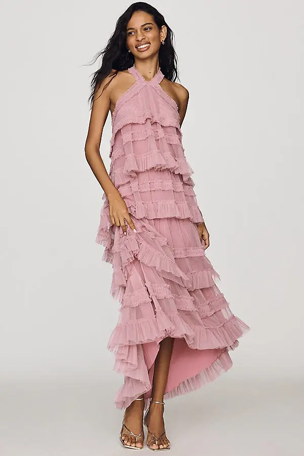 Mac Duggal Mesh Halter Dress - Rose