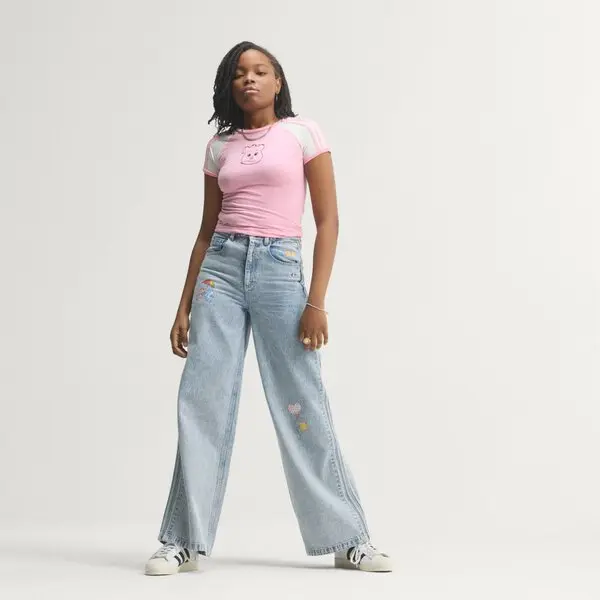 Adidas Care Bears High Rise Wide Leg Denim Pant Blue - Clear Sky