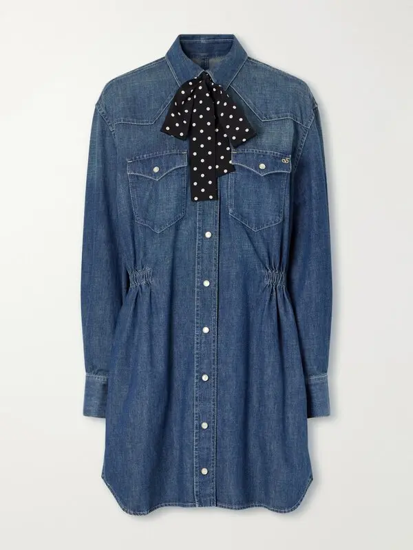 Valentino Garavani Midi Denim Shirt Dress With Polka Dot Scarf - Blue