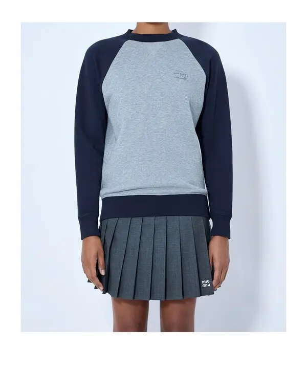 Miu Miu Raglan Sleeve Logo Embroidered Sweatshirt - Grey Blue
