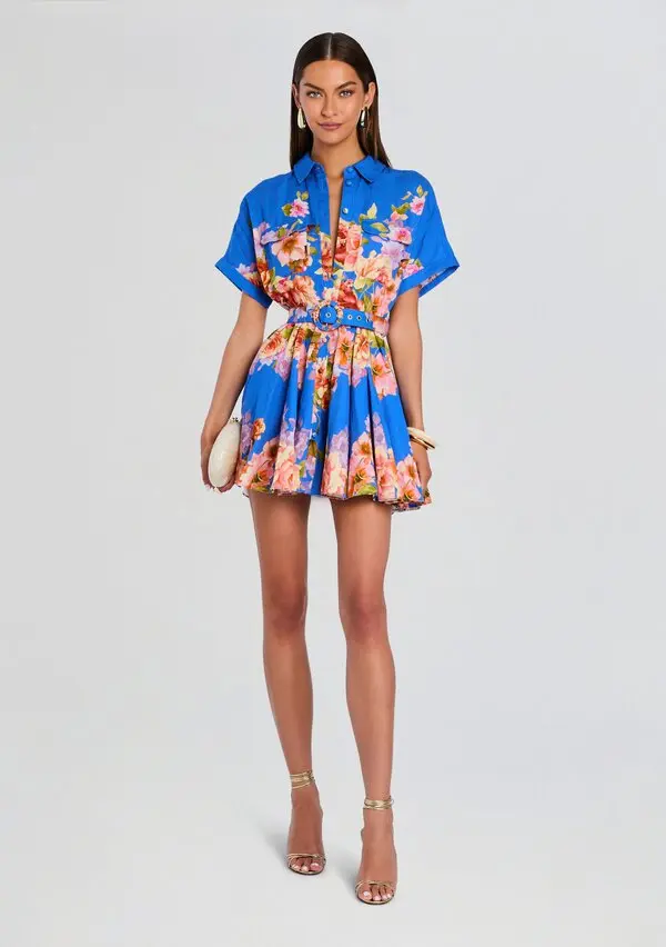 Hemant & Nandita Vanya Short Dress With Buckle Belt - Blue