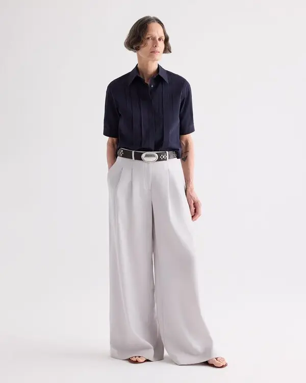 TWP Short Lived Shirt With Pleated Placket In Super Compact Poplin - Midnight