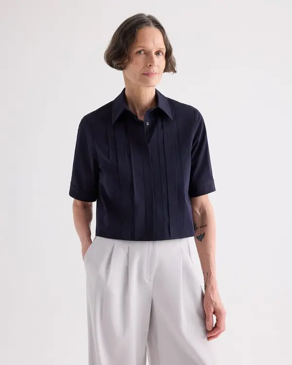 TWP Short-sleeve Poplin Shirt With Pintuck Detailing - Midnight