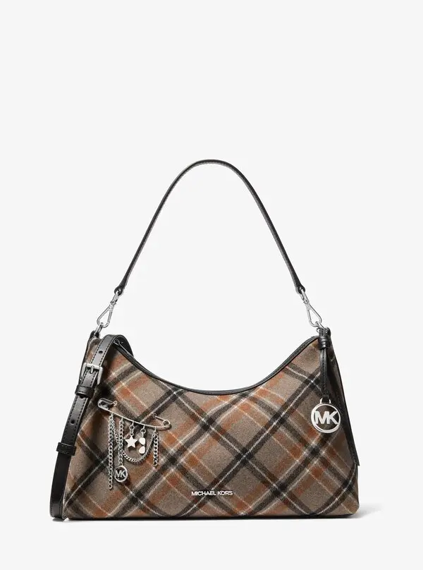 Michael Kors Sammy Medium Plaid Print Wool Blend Convertible Shoulder Bag - Black