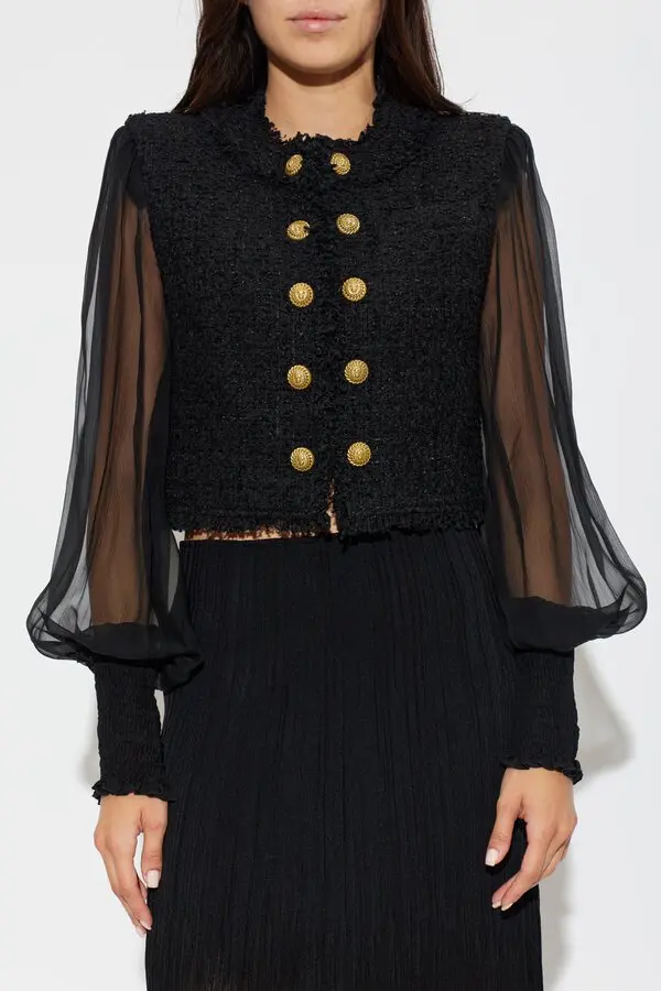Balmain Textured Tweed Cardigan With Sheer Sleeves