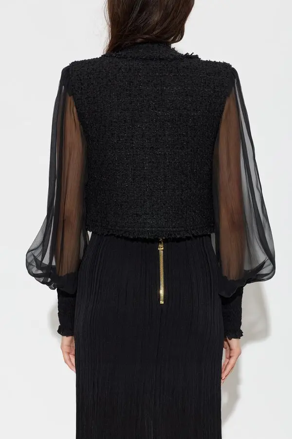 Balmain Textured Tweed Cardigan With Sheer Sleeves