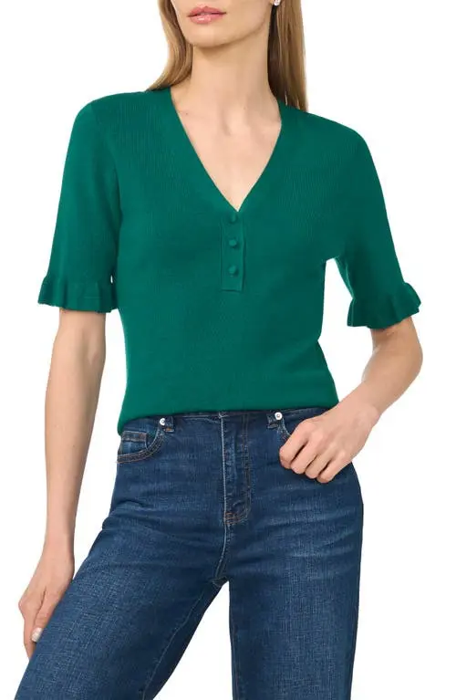 CECE DUPRAZ V-neck Elbow Sleeve Sweater With Ruffled Cuffs - Deep Spruce