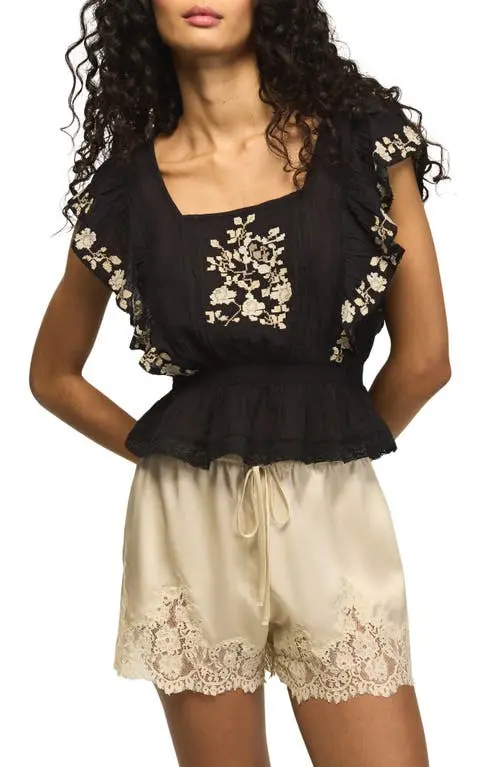 Lucky Brand Embroidered Flutter Sleeve Cotton Gauze Top - Caviar