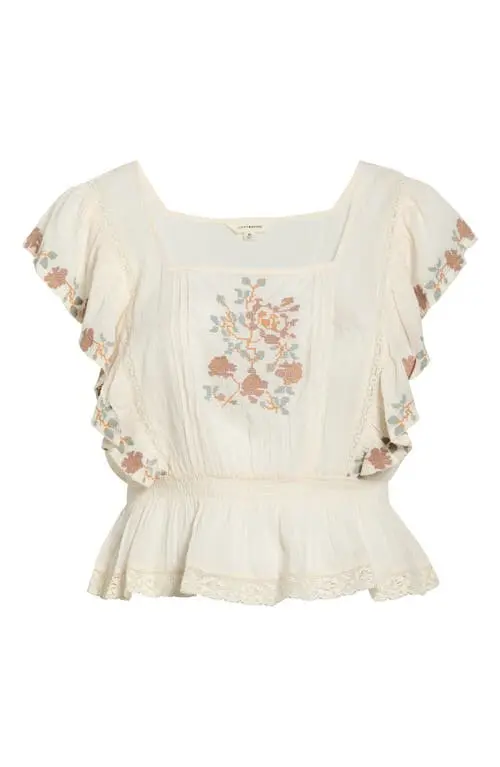 Lucky Brand Embroidered Flutter Sleeve Cotton Gauze Top - Cream